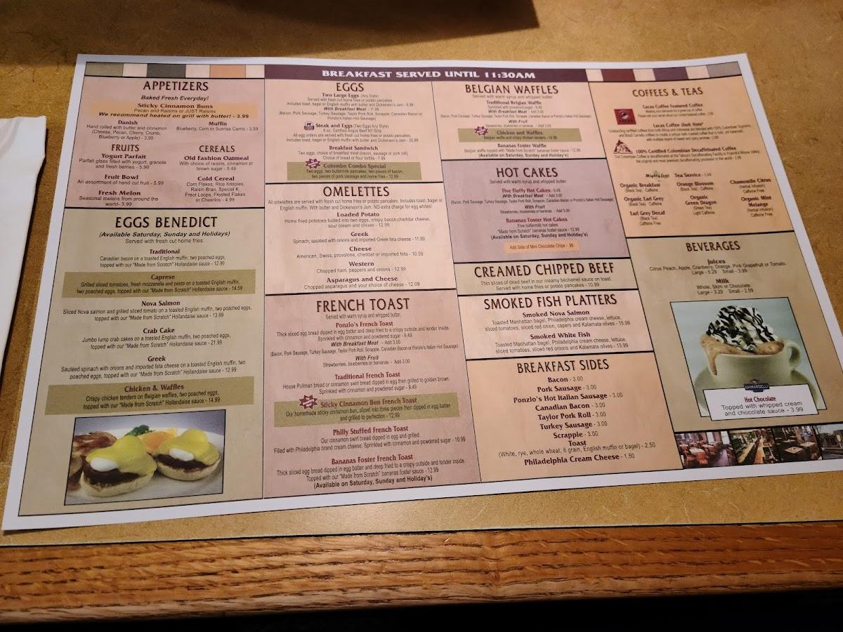 Menu at Ponzio's Diner-Bakery-Bar, Cherry Hill