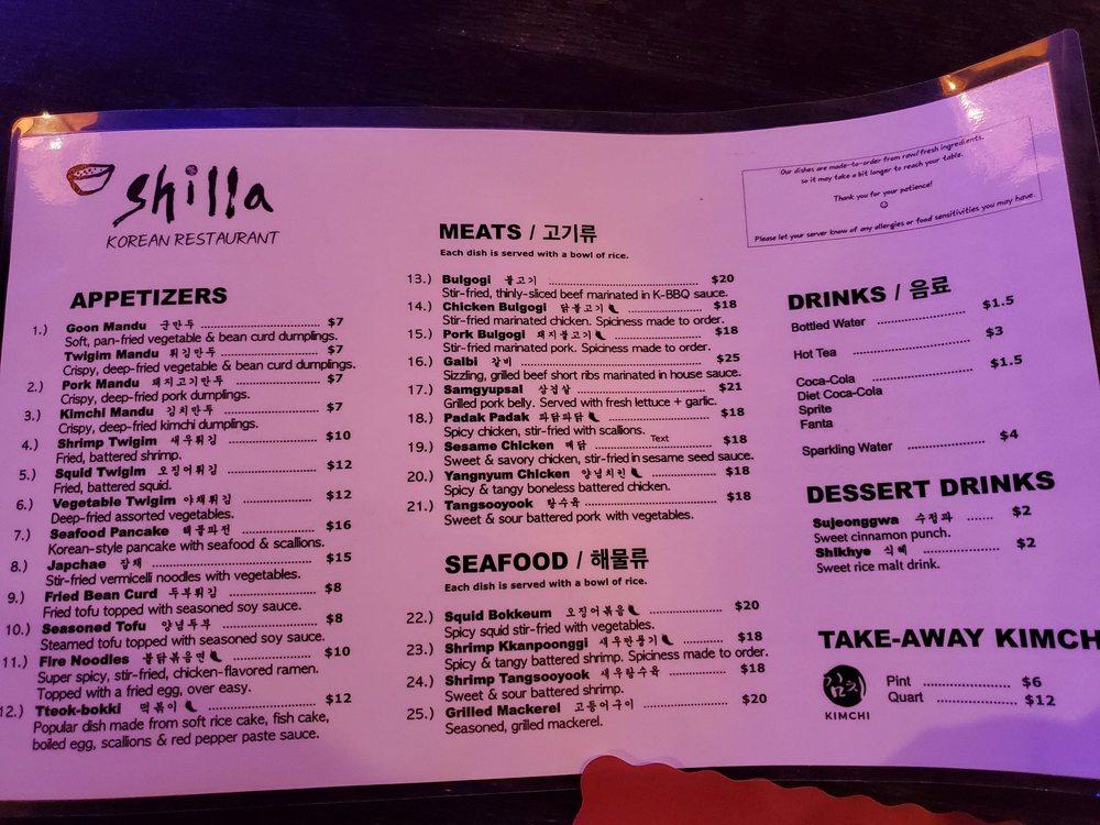 Menu at Shilla Korean Restaurant, Sarasota