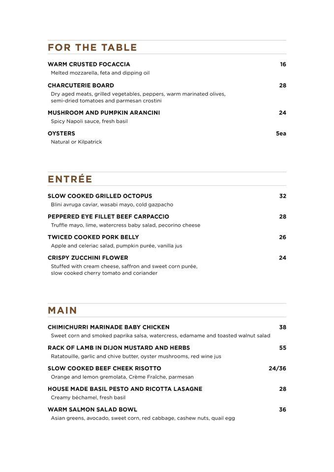 Menu at Six Acres Restaurant, Brisbane City