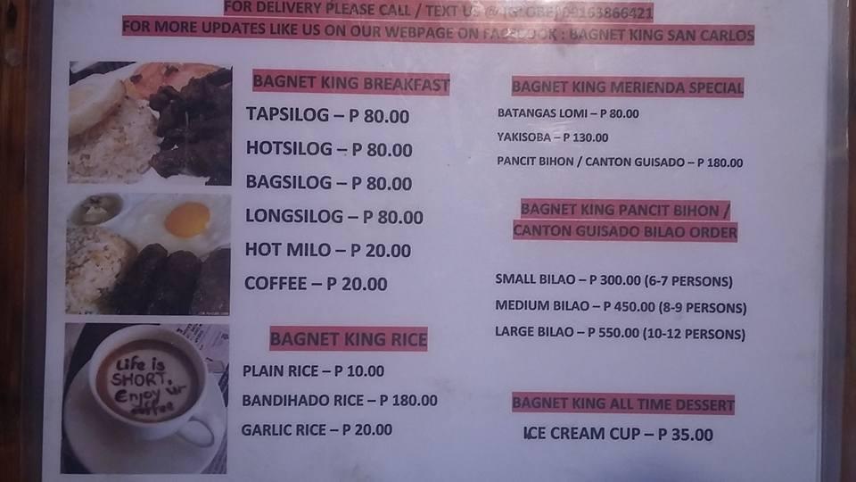 Menu at Bagnet King restaurant, San Carlos City
