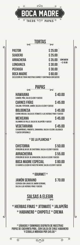 Carta del restaurante Boca Madre, Ciudad del México