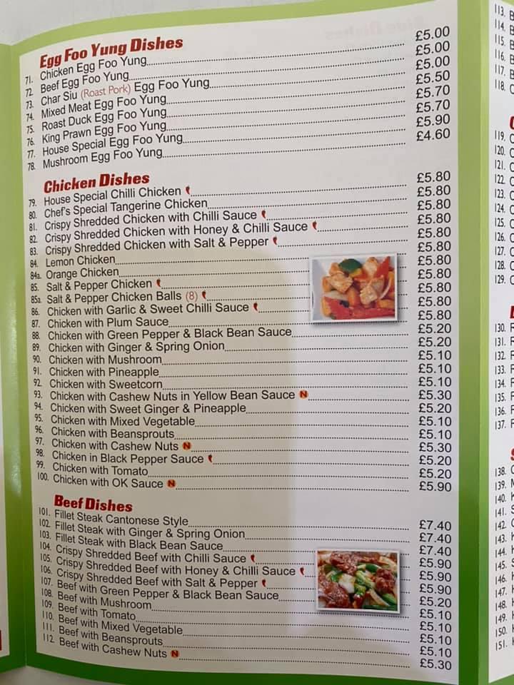 Menu at Green Jade fast food, Broxburn