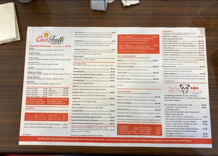 Menu at Coco Frutti Déjeuner Diner restaurant, Montreal