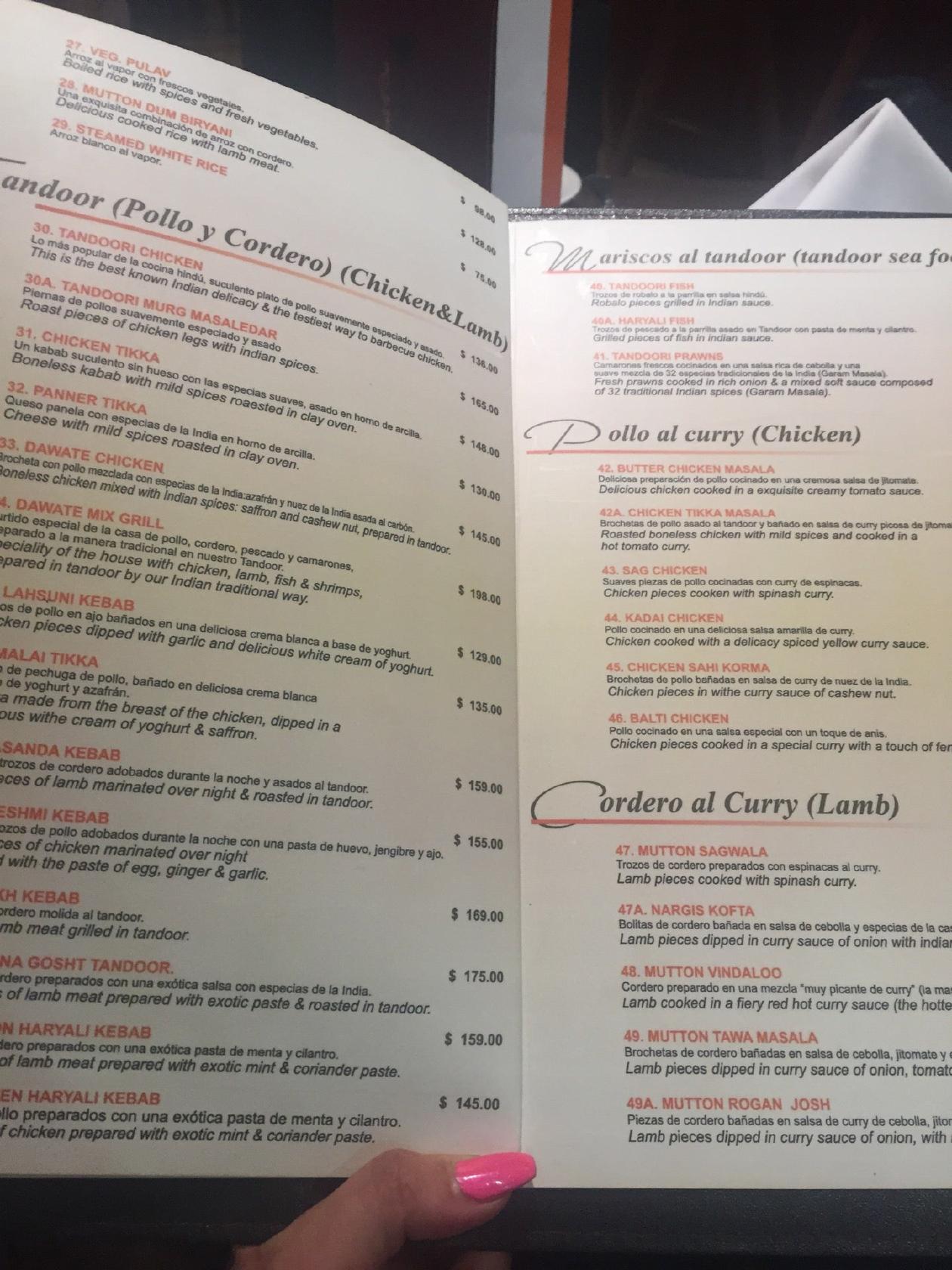 Menu at Dawat restaurant, Mexico City, Avenida Ejercito Nacional ...