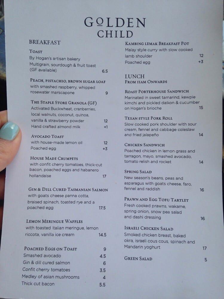 Menu at Golden Child Cafe, Glen Iris