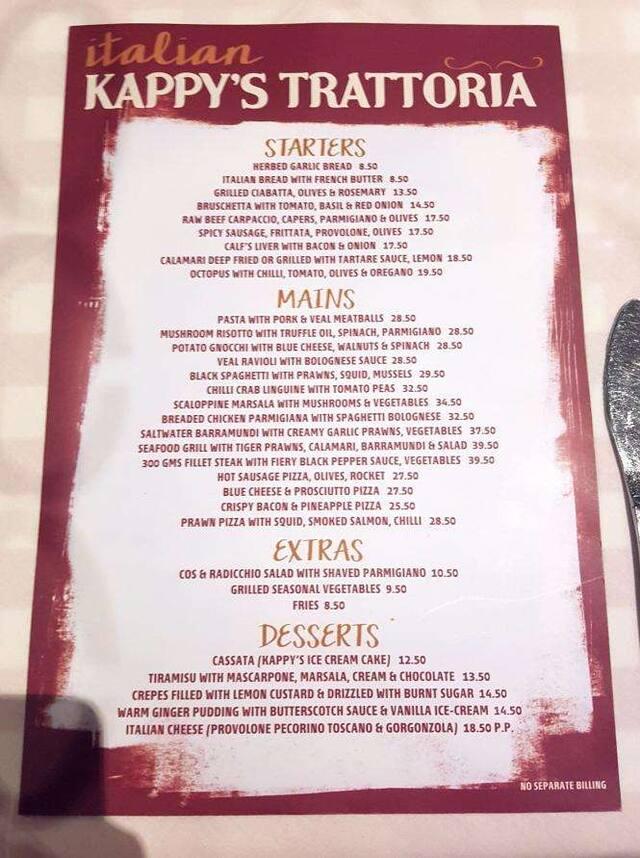 Menu at Kappy's Restaurant, Guildford