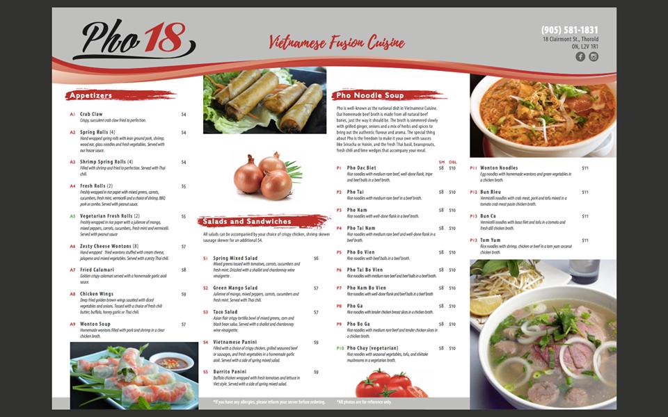 Menu at Pho 18 restaurant, Thorold