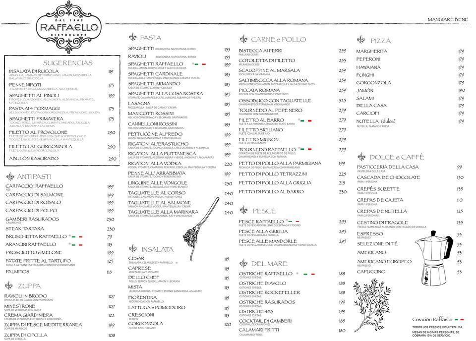 Carta del restaurante Raffaello Ristorante, Ciudad del México, Londres 165