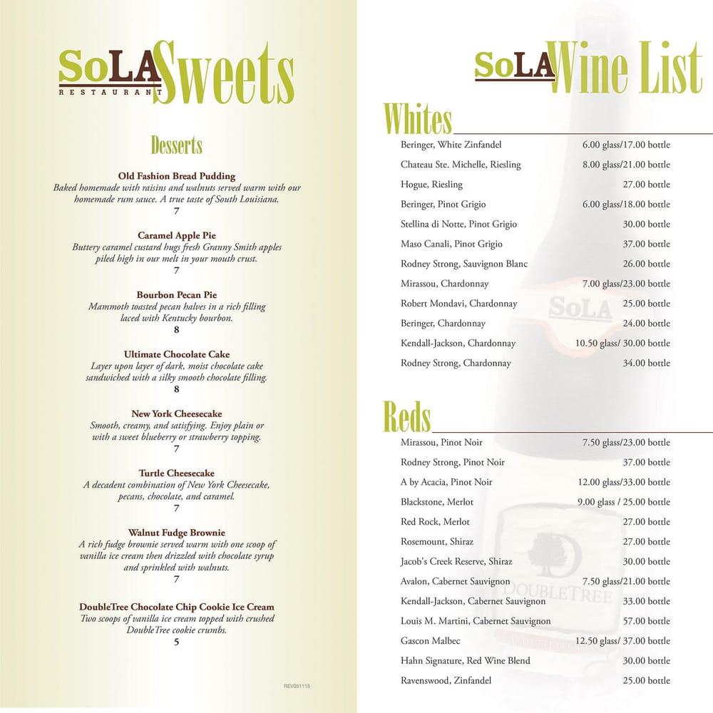Menu at SoLA restaurant, Lafayette
