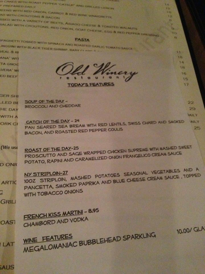 Menu at The Old Winery Restaurant & Wine Bar, Niagara-on-the-Lake