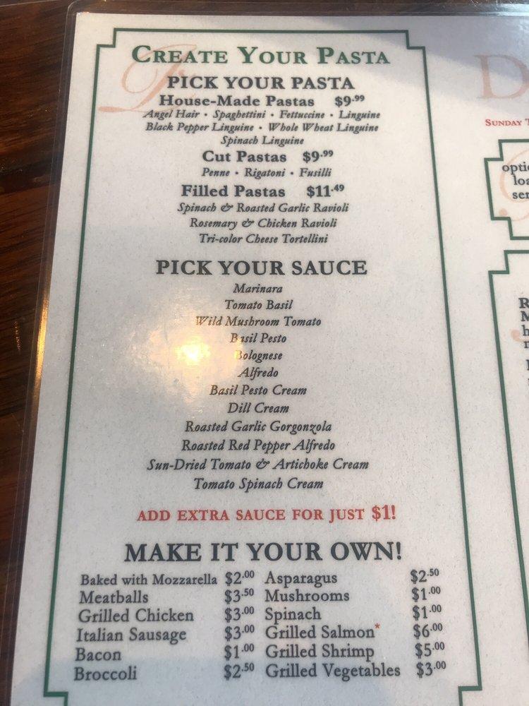 Menu at Tony's Pasta Shop & Trattoria restaurant, Chattanooga