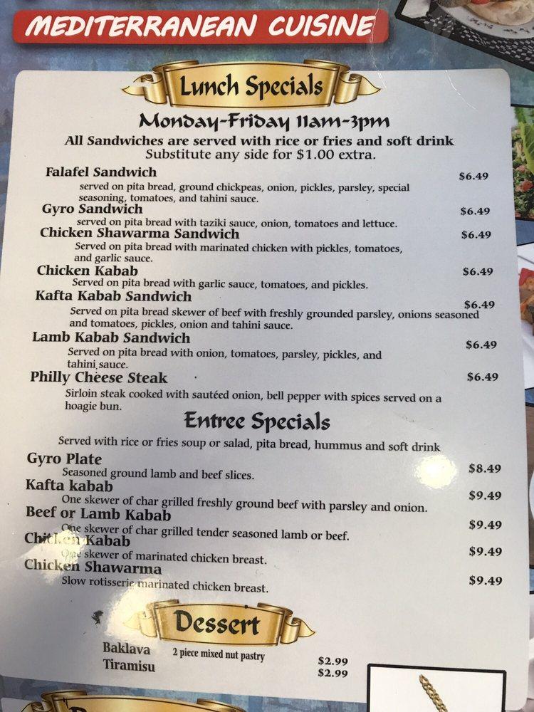 Menu at Aladdin Cafe, Crowley