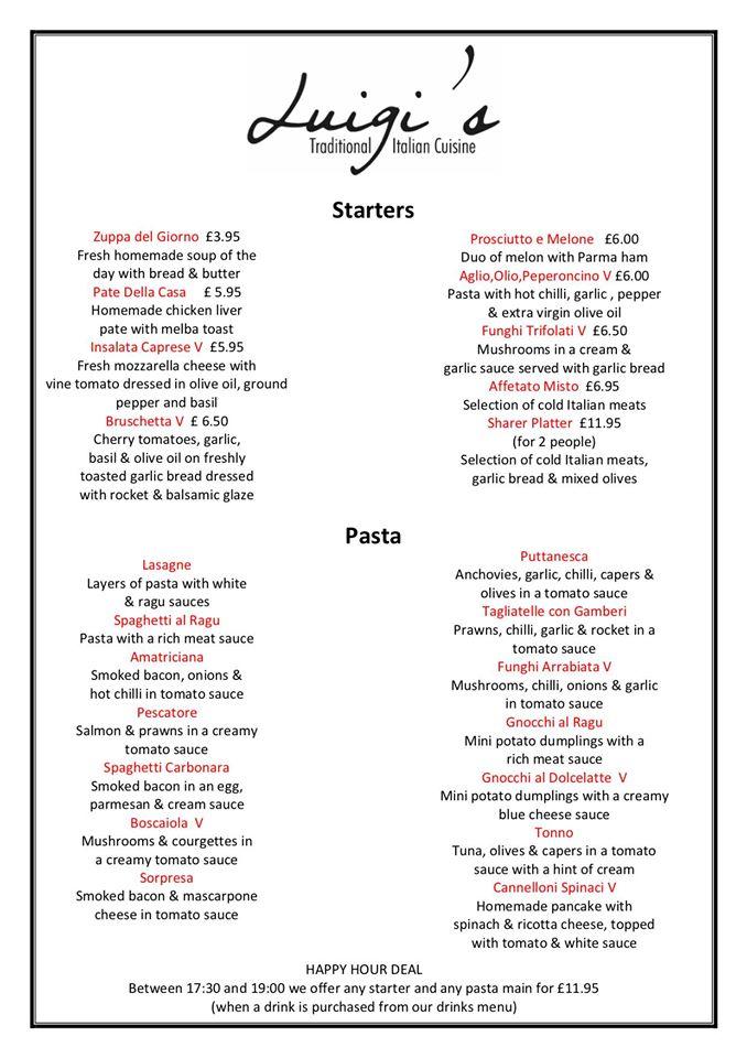 Carta del restaurante Luigis, Ambleside