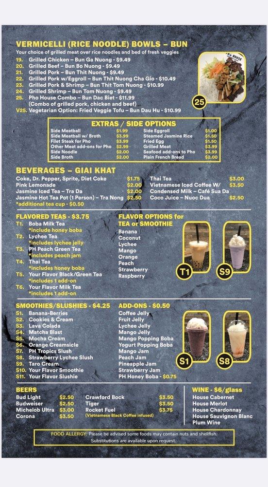 Menu at Pho House Vietnamese Cuisine restaurant, Baytown