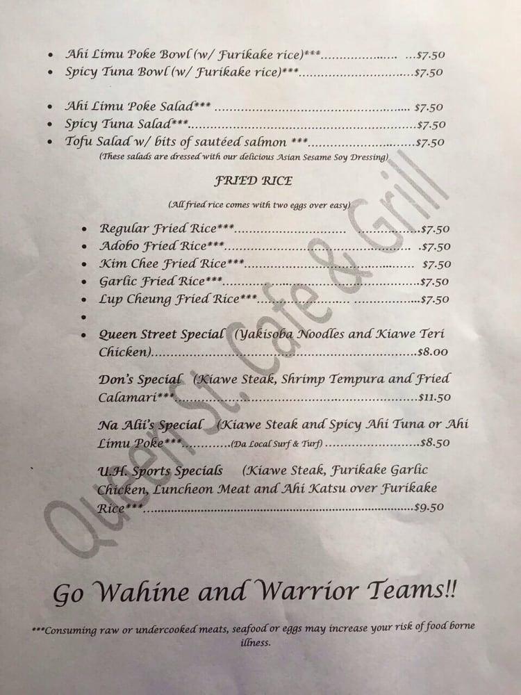 Menu at Queen Street Cafe & Grill, Aiea