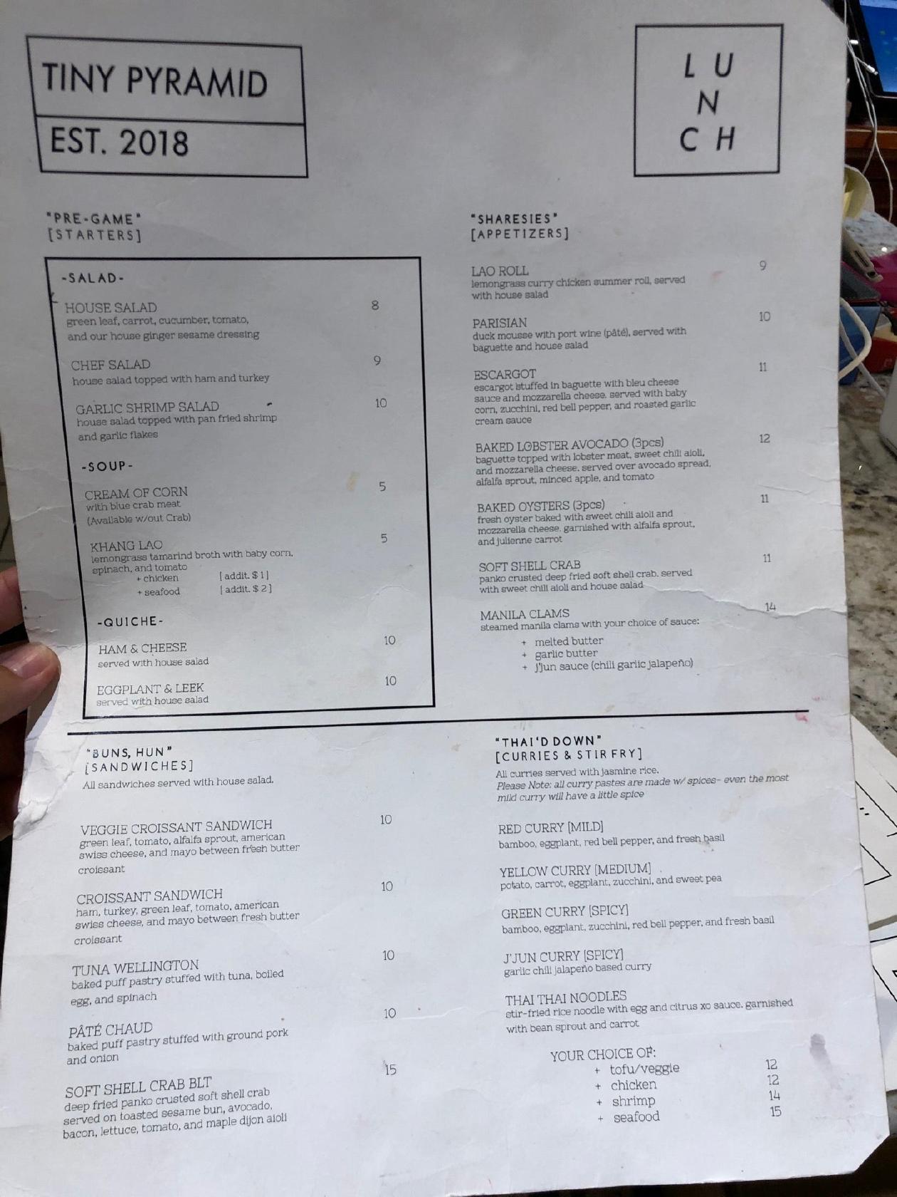 Menu at Tiny Pyramid cafe, Honolulu