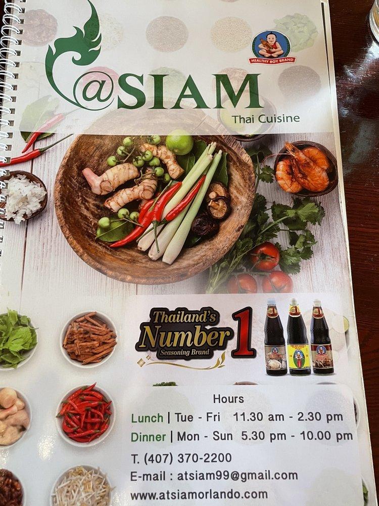Menu at At Siam Thai Cuisine restaurant, Orlando, International Dr.