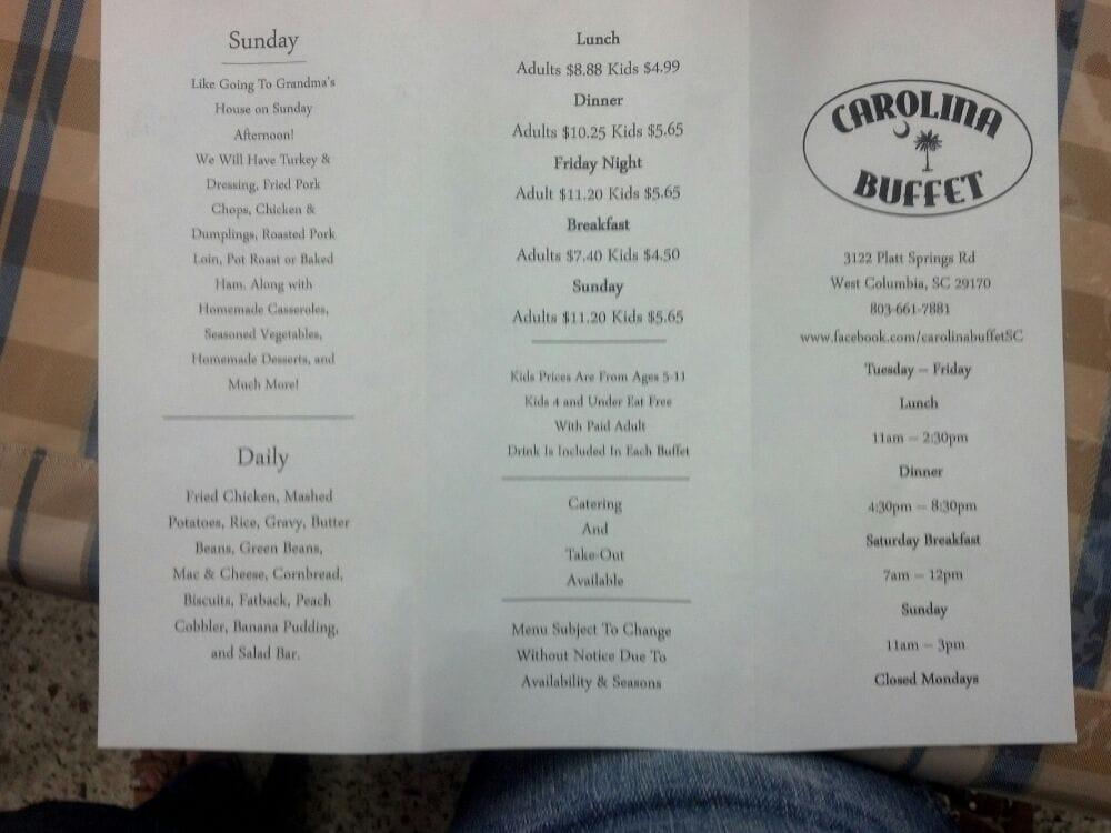 Menu at Carolina Buffet restaurant, West Columbia