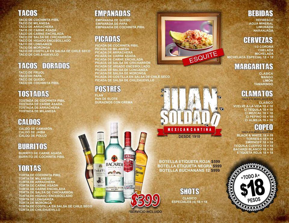 Menu at Juan Soldado Mexican Cantina, Mexico