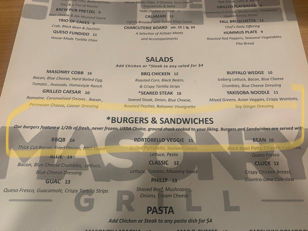 Menu at Masonry Grill pizzeria, Salem