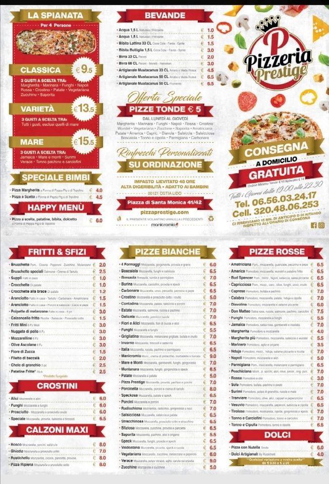 Menu da Pizzeria Prestige, Municipio Roma X, Piazza di Santa Monica