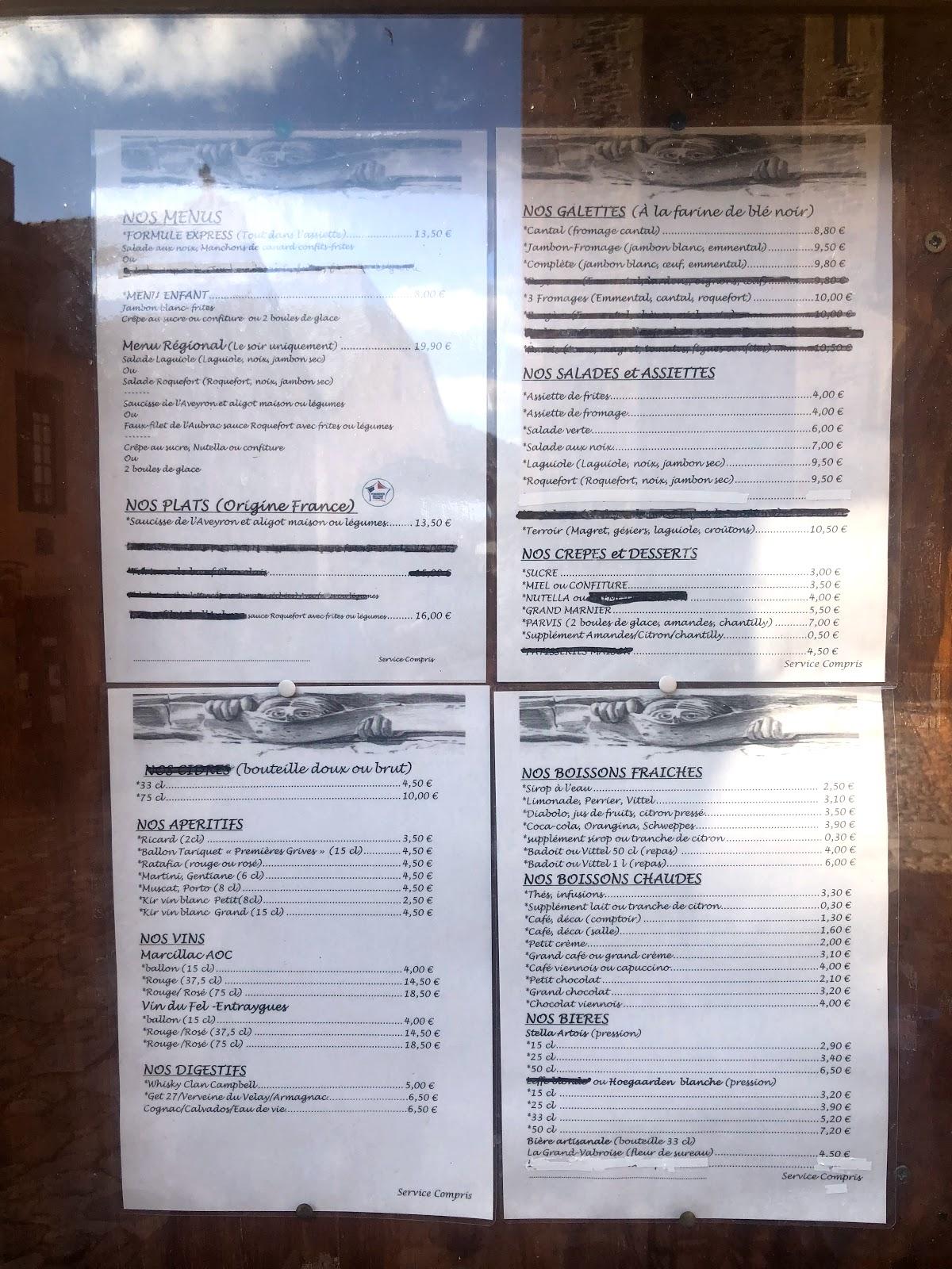 Menu au Salon de Thé au Parvis restaurant, Conques