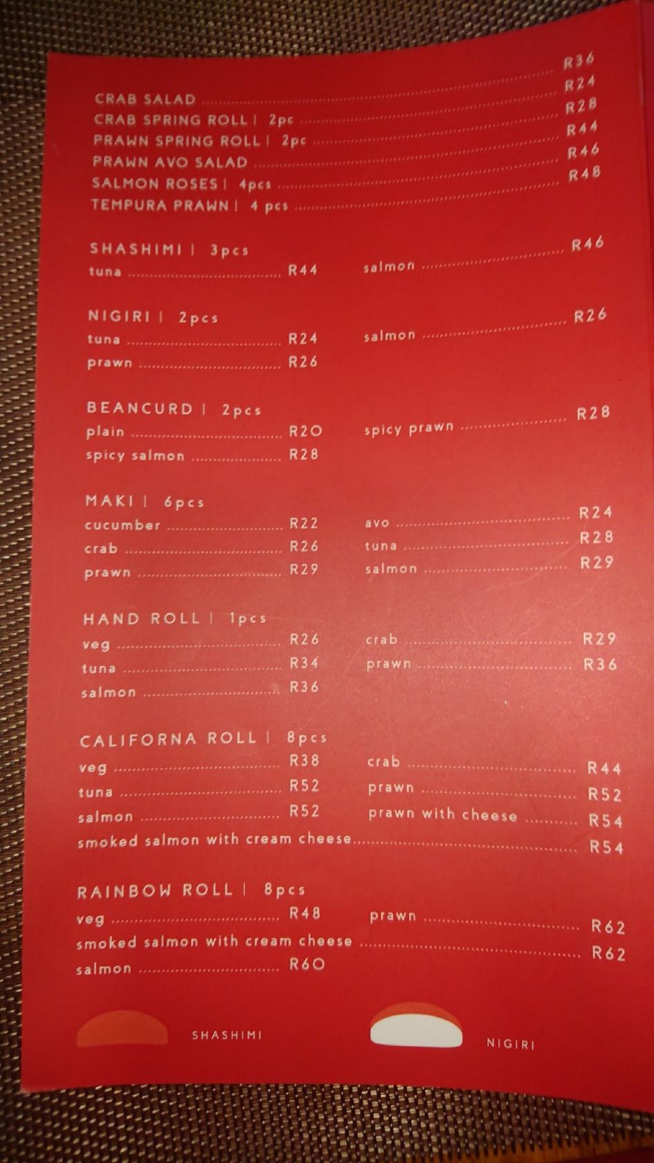 Menu at Shan Sushi restaurant, George, 107 York St