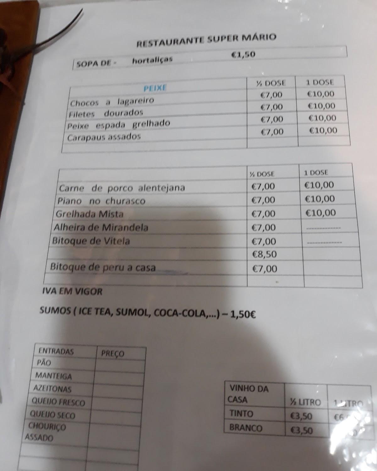 Menu em Super Mário restaurante, Lisboa