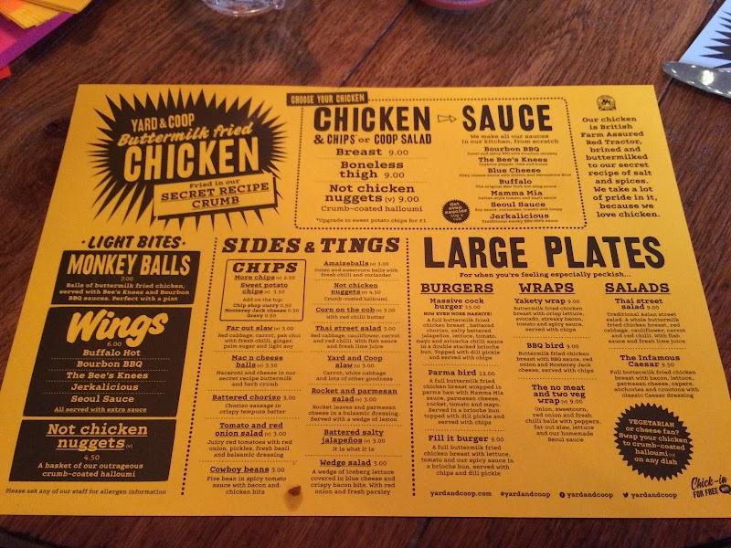 Menu at Yard & Coop Manchester pub & bar, Manchester