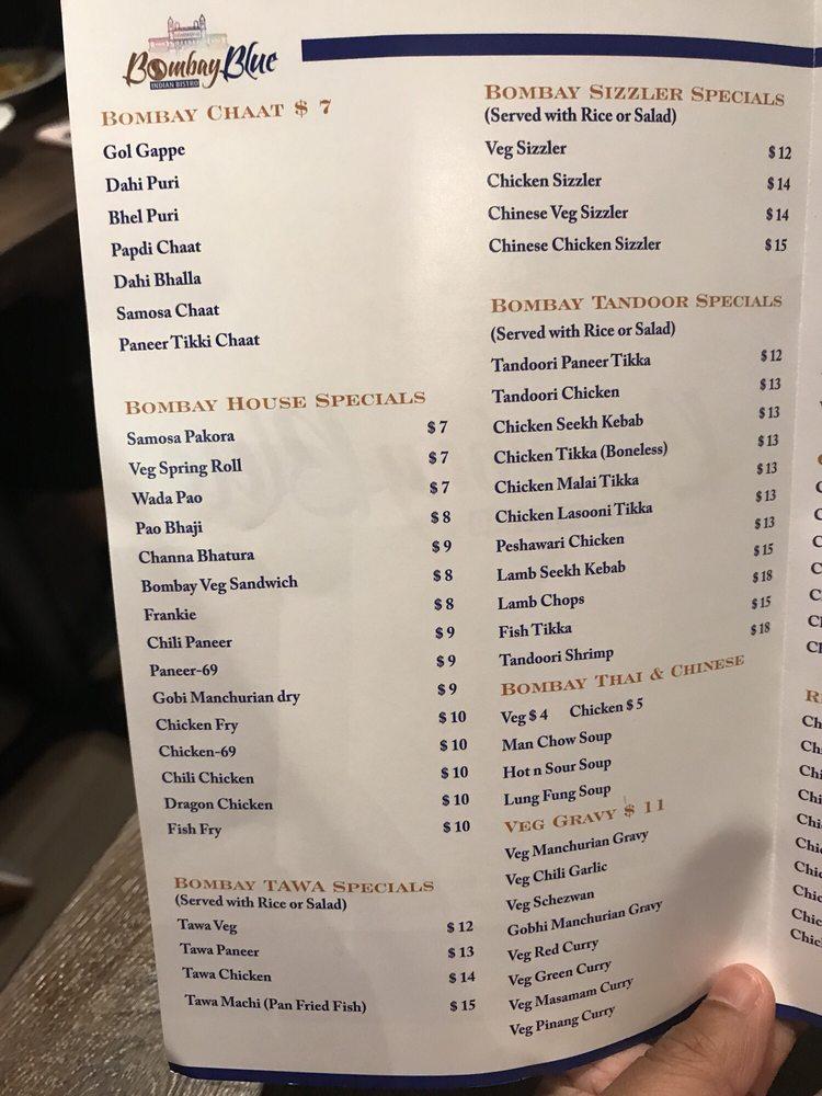 Menu at Bombay Blue restaurant, Edison