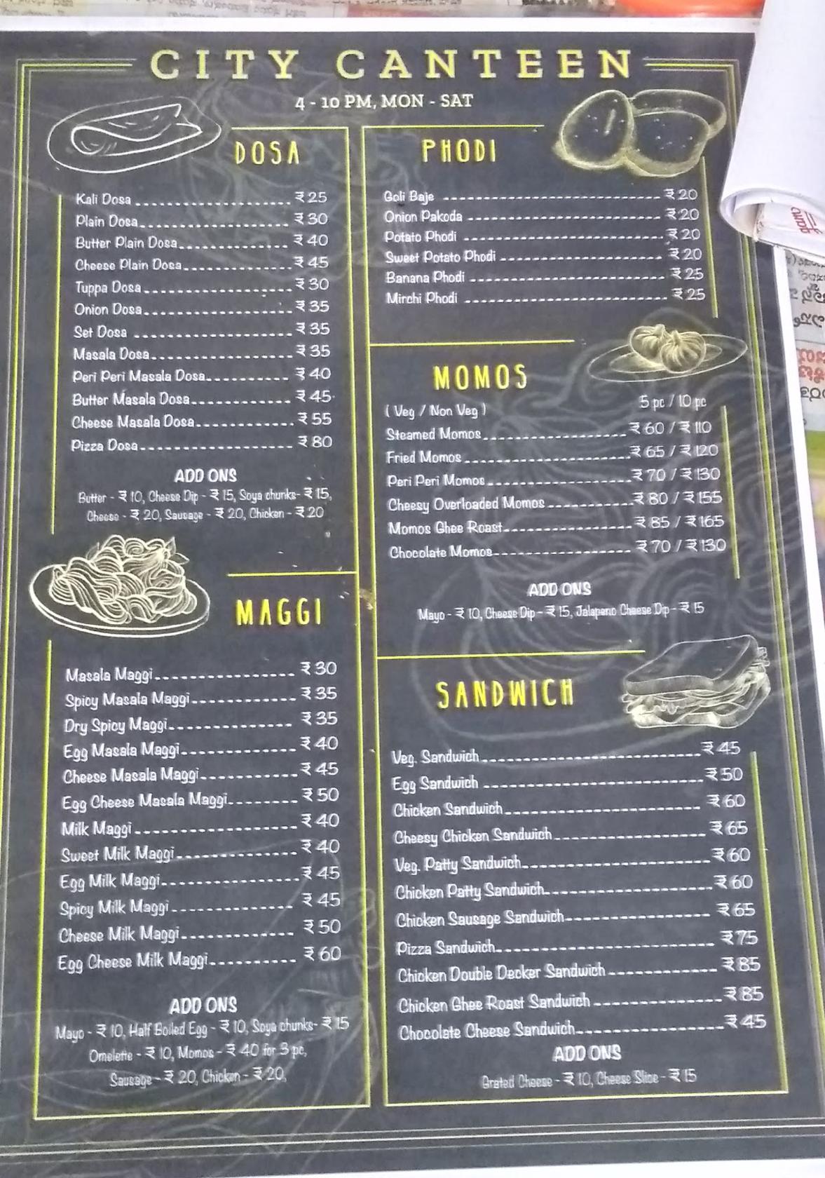 Menu at City Canteen, Mangaluru