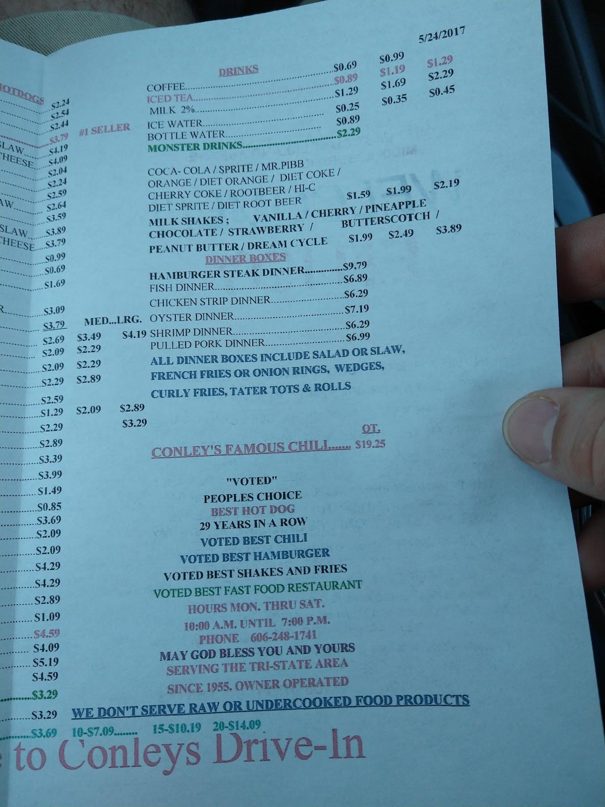 Menu at Conley's Drive-In Restaurant, Middlesboro