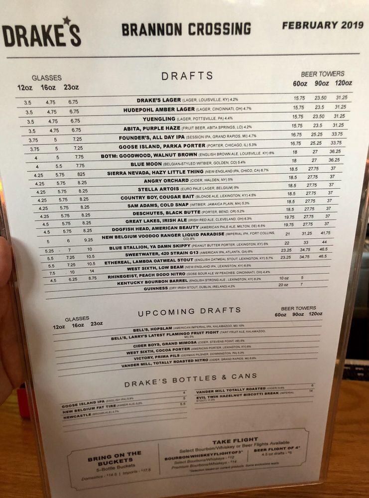Menu at Drake's restaurant, Nicholasville