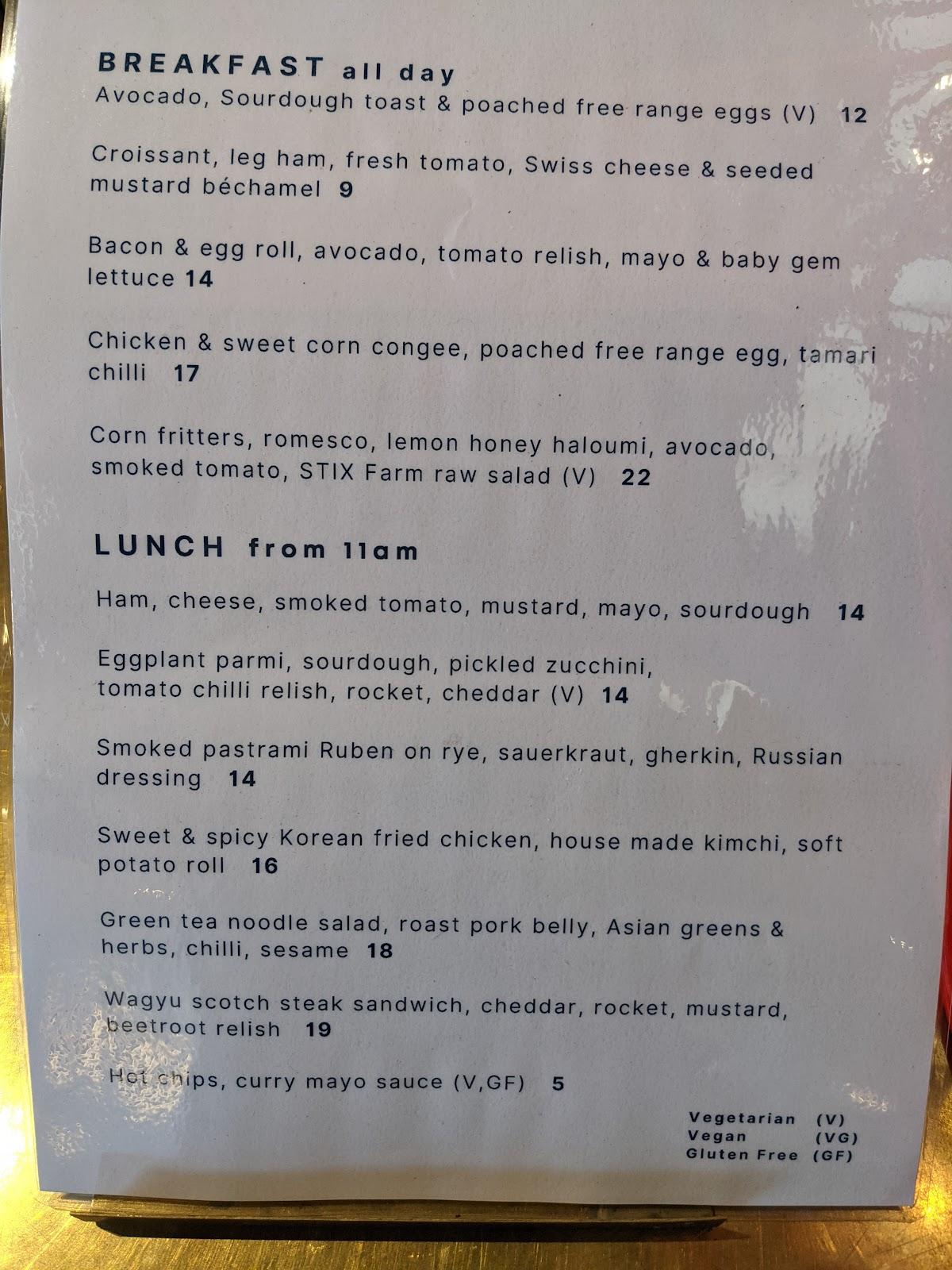 Menu at STIX cafe, Marrickville