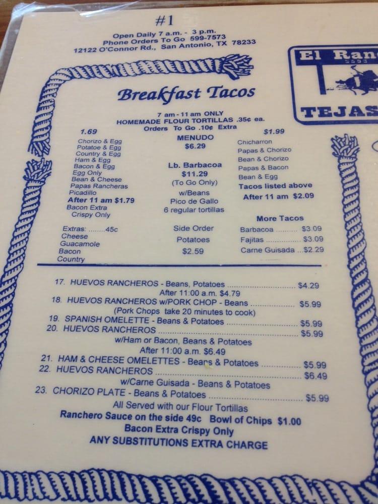 Menu at Tejas Cafe, San Antonio, O'Connor Rd