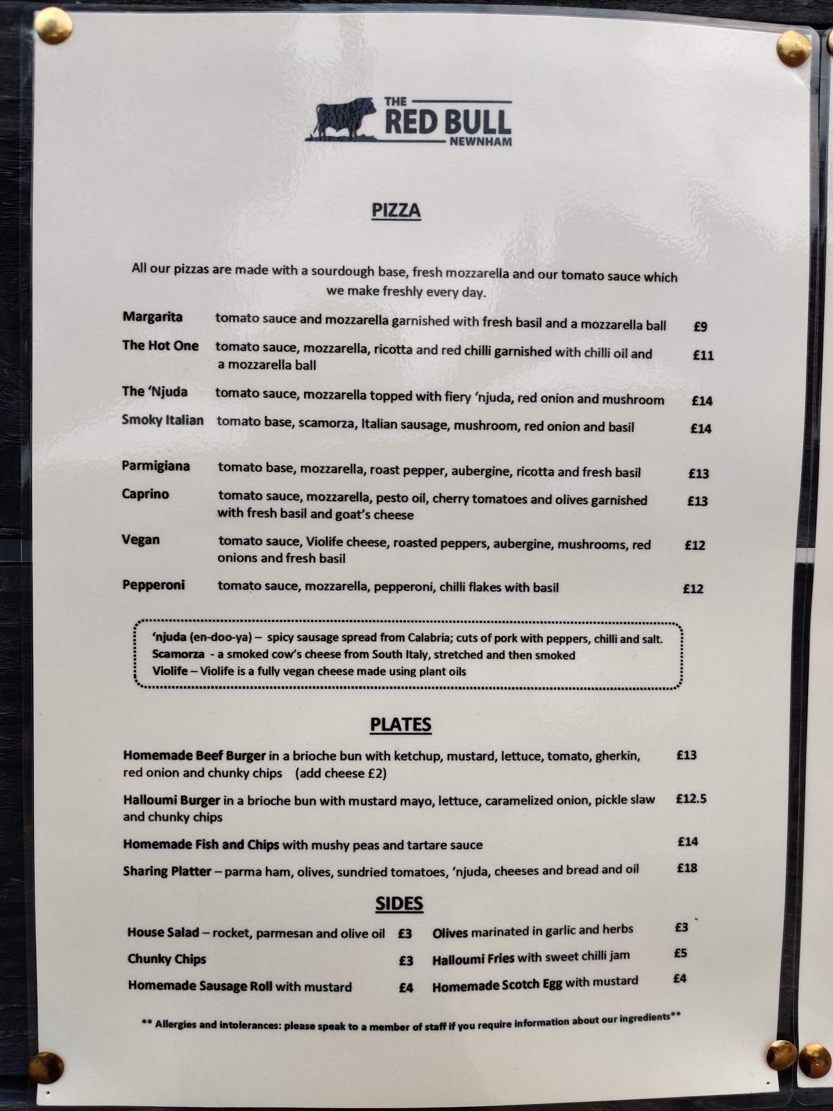 Menu at The Red Bull Newnham pub & bar, Cambridge