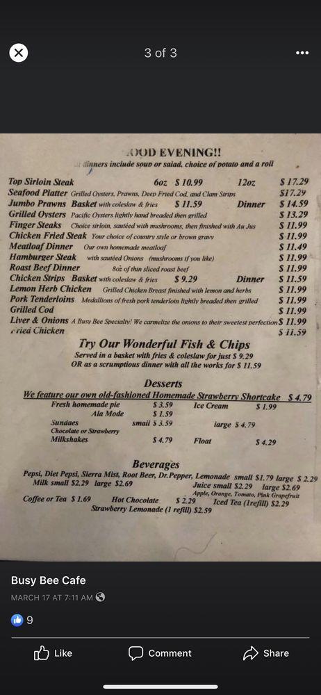 Menu at Busy Bee Café cafe, Springfield