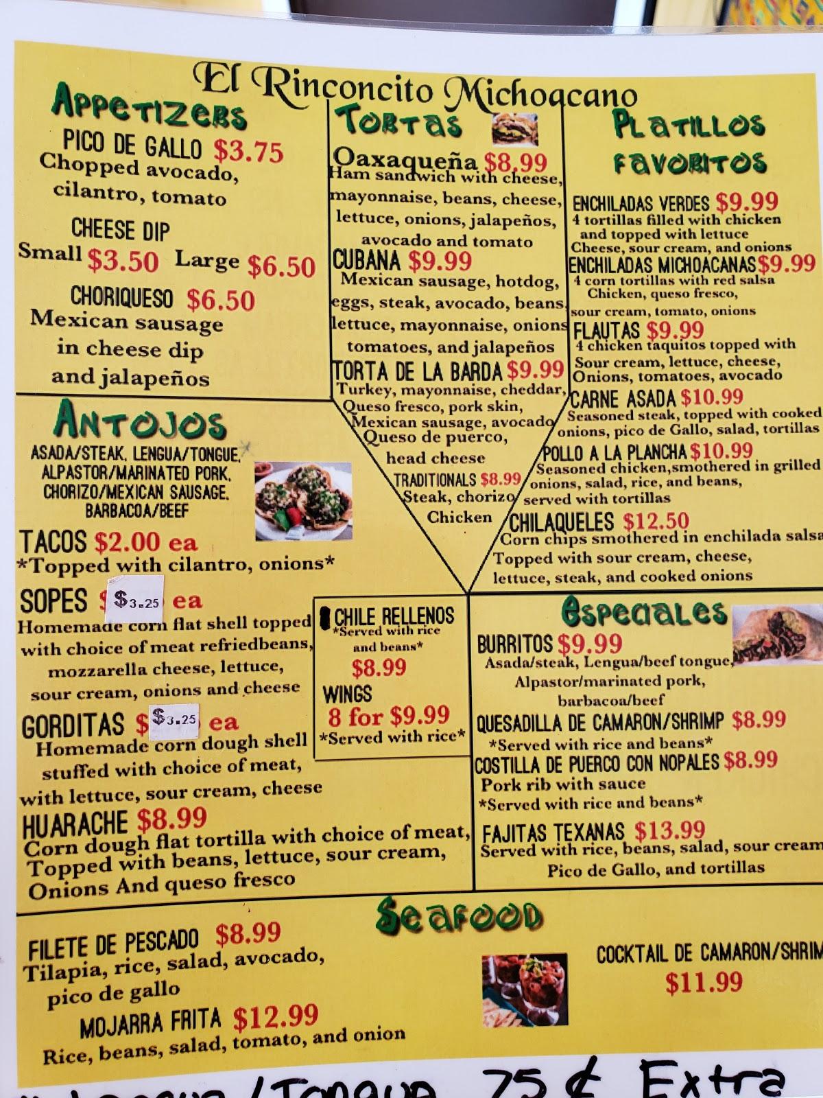 Menu at El Rinconcito Michoacano restaurant, Elberton