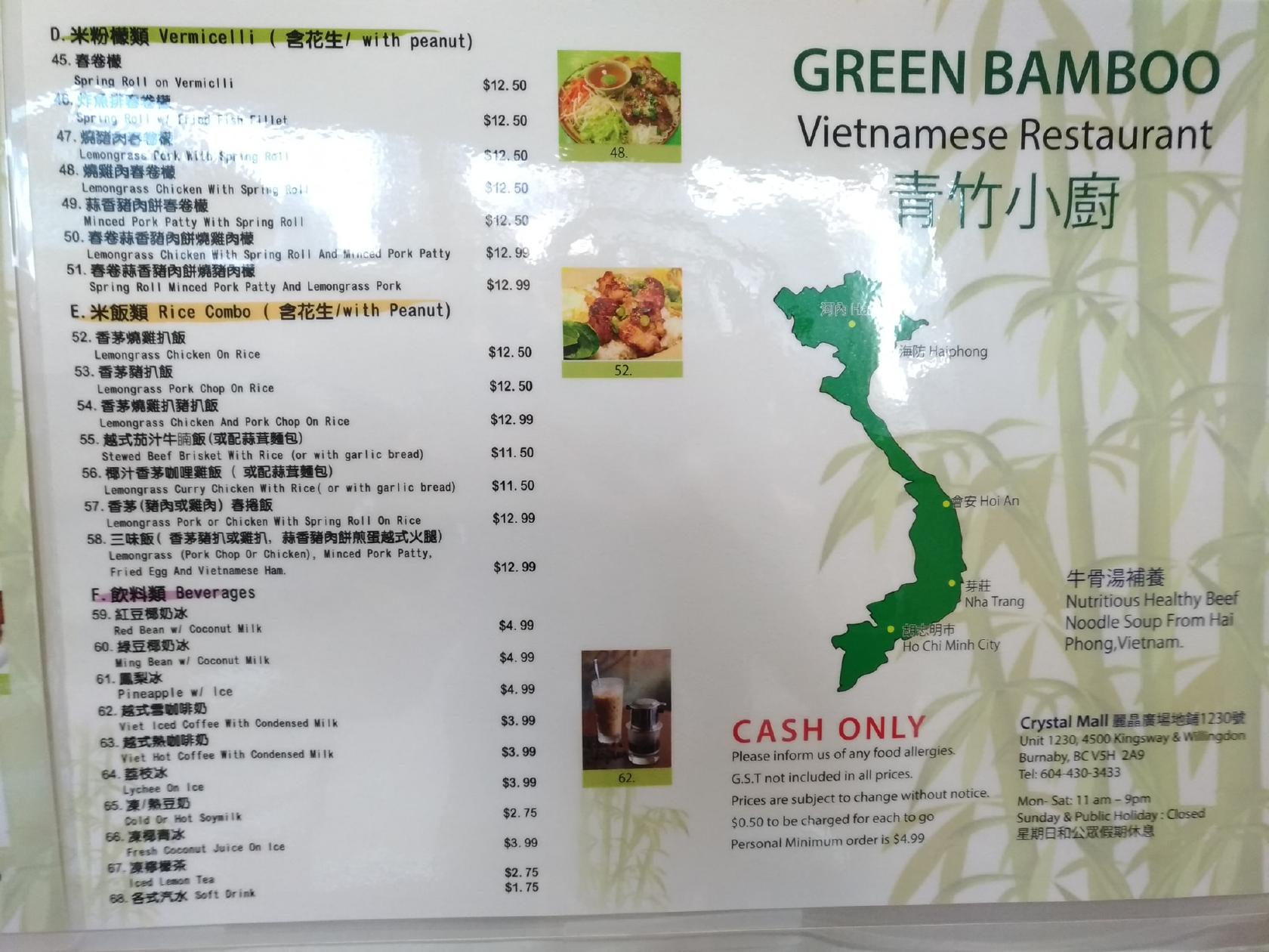Menu at Green Bamboo Viet Noodle restaurant, Burnaby