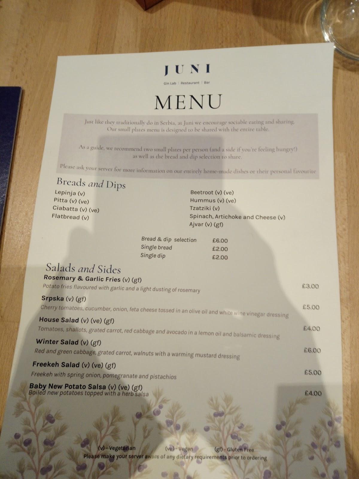 Menu at Juni restaurant, Nottingham