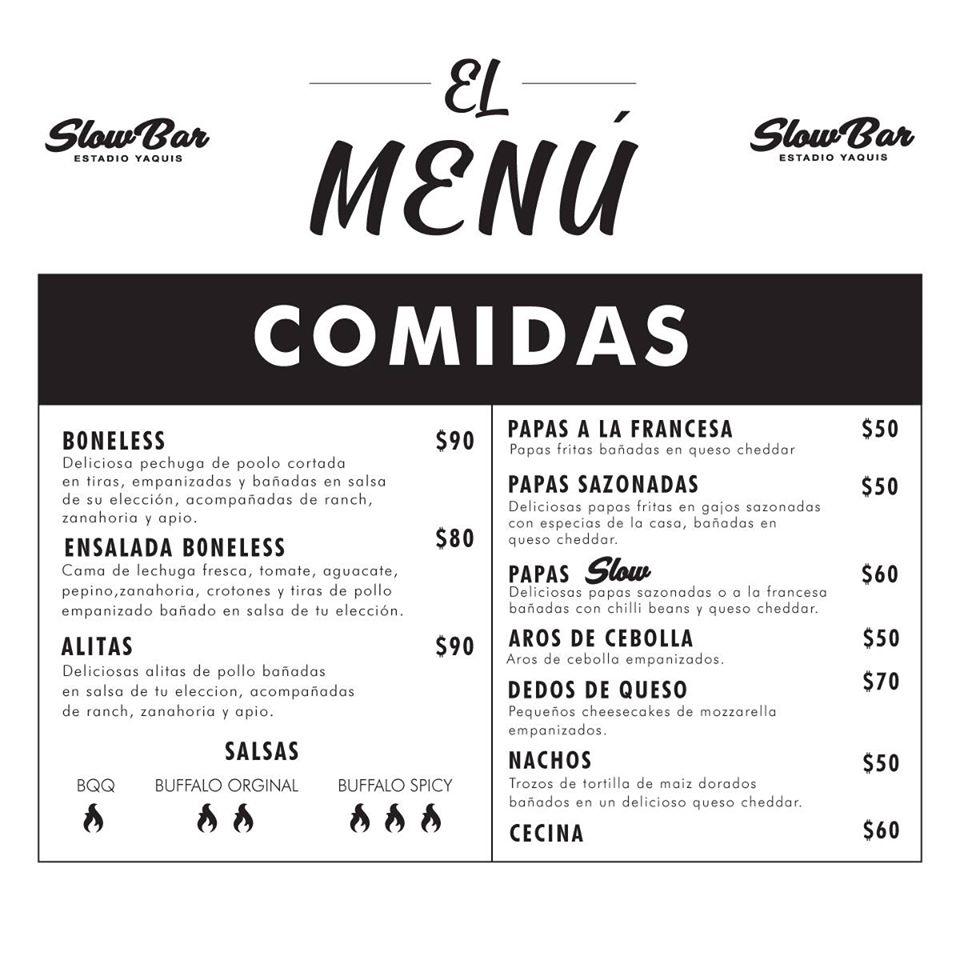 Menu at SlowBar, Ciudad Obregón