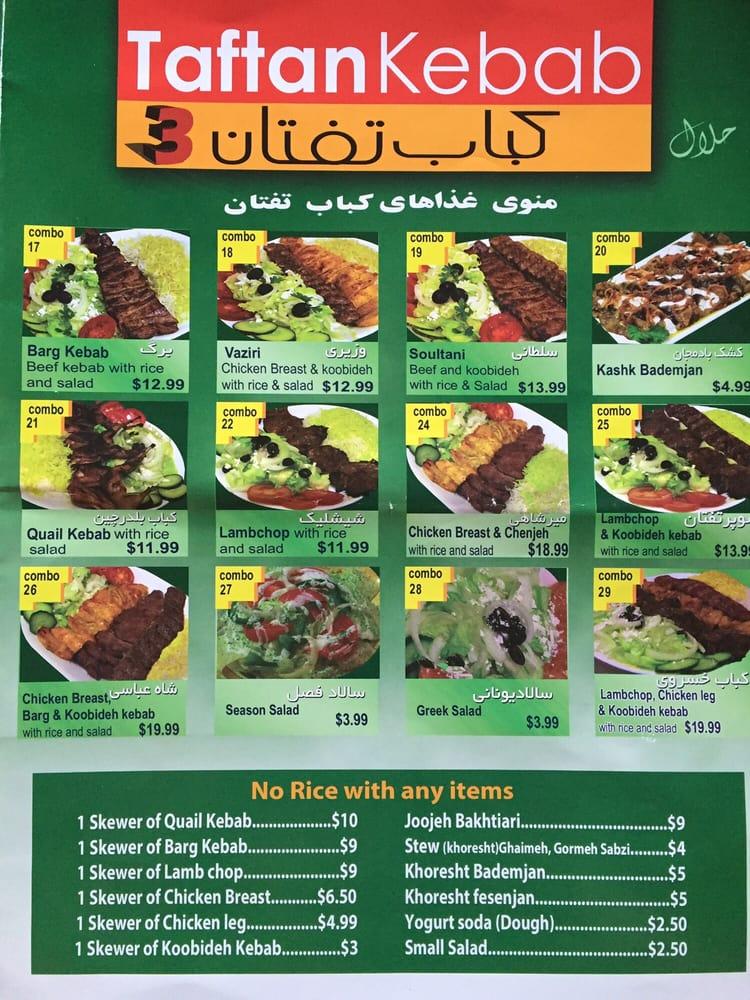 Menu at Taftan Kebab restaurant, Richmond Hill, Yonge St