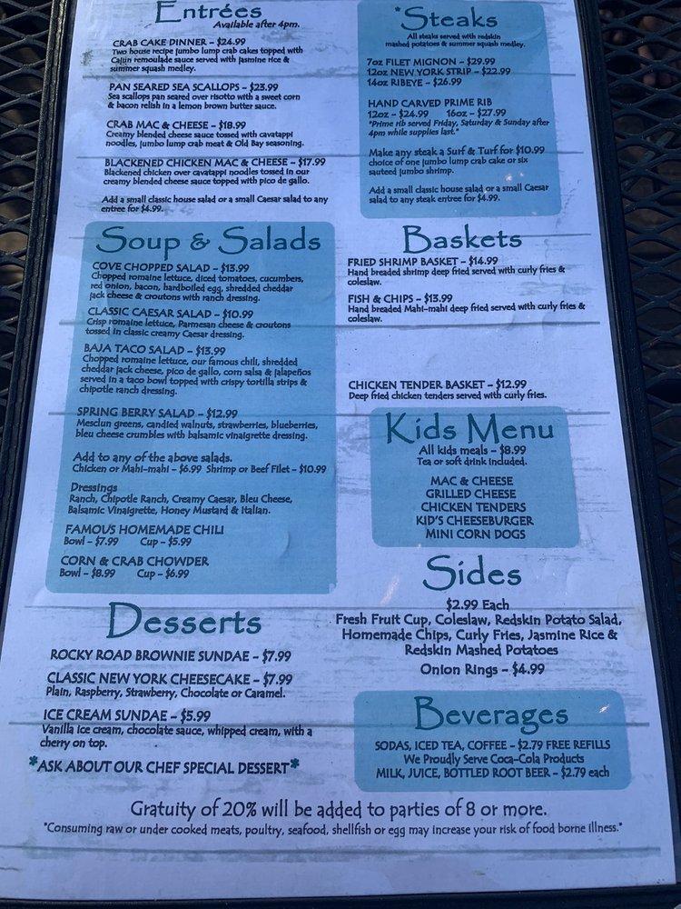 Menu at The Cove at Lake Anna pub & bar, USA