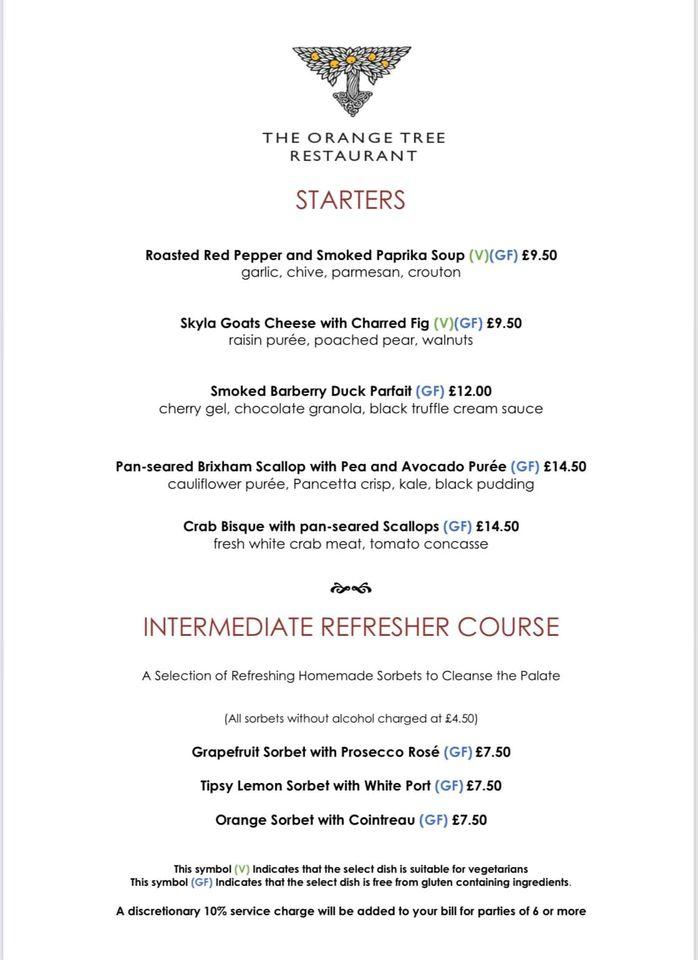Menu at The Orange Tree Restaurant, Torquay
