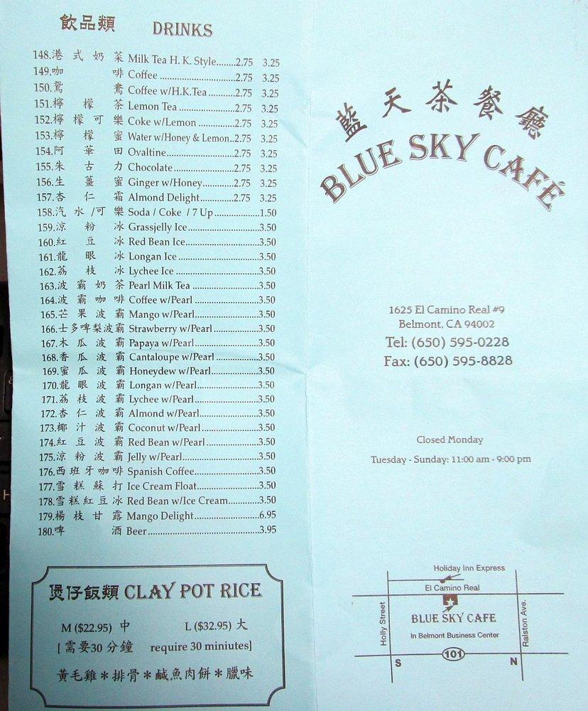 Menu at Blue Sky Café restaurant, Belmont