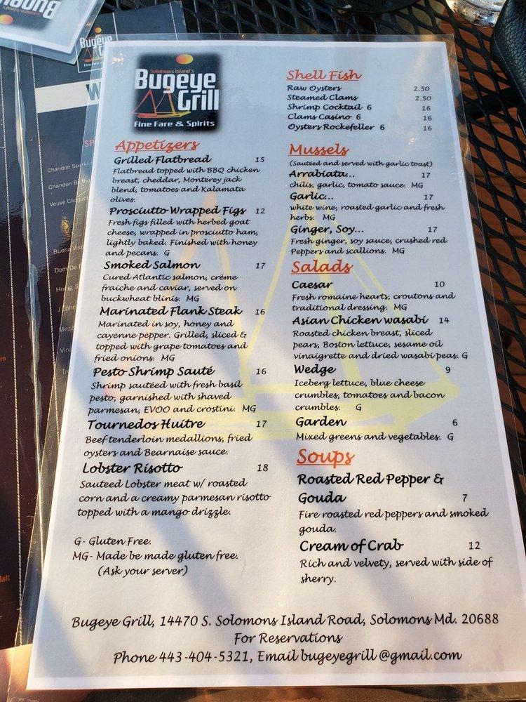 Menu at Bugeye Grill pub & bar, Solomons