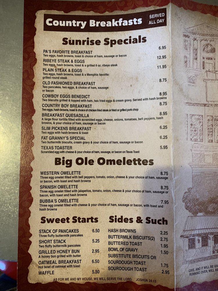 Menu at Rock Inn Cafe, Memphis, 1022 Boykin Dr