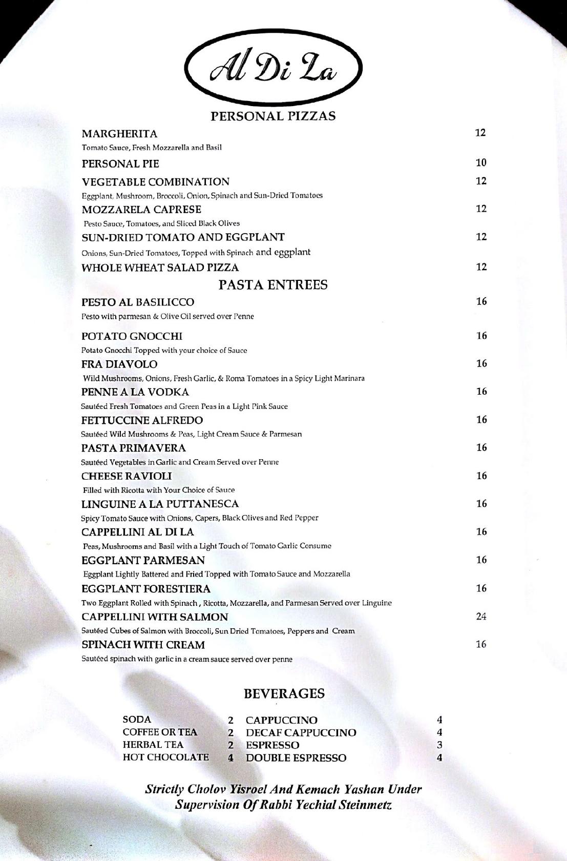 Menu at Al Di La Pizzeria & Bistro, Monsey