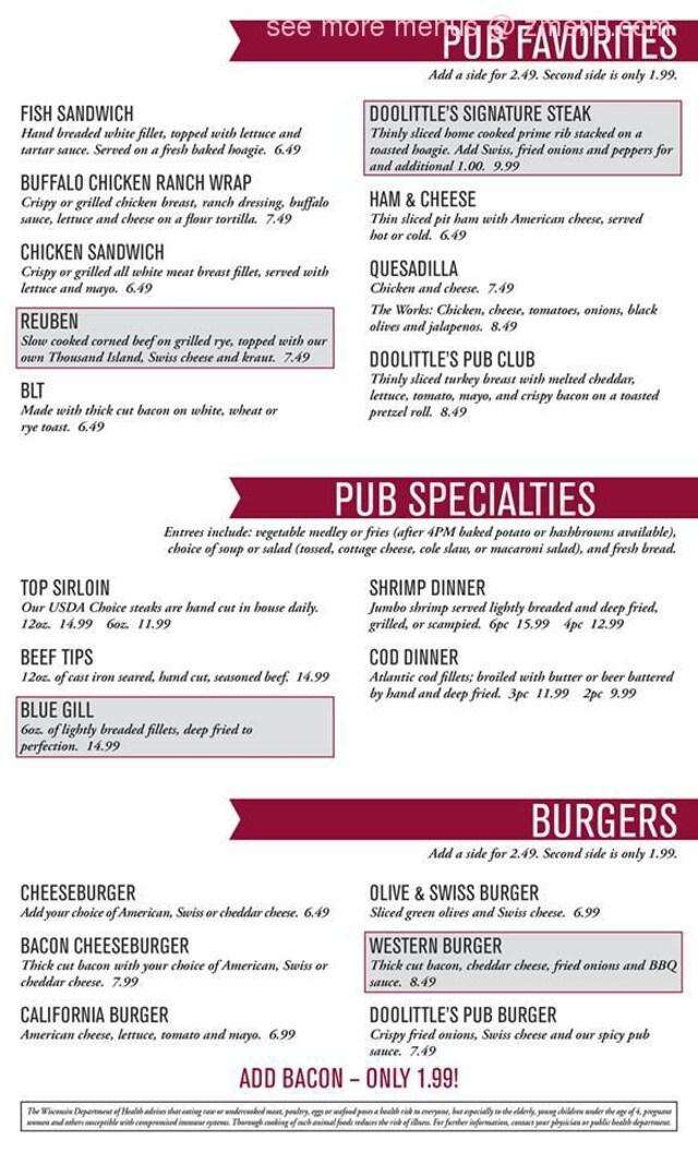 Menu at Doolittle's Pub & Eatery, Lancaster