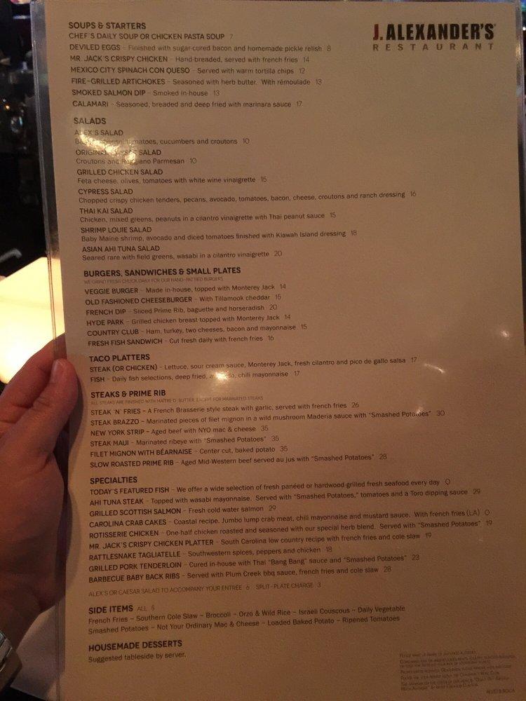Menu at J. Alexander's Restaurant, Boca Raton